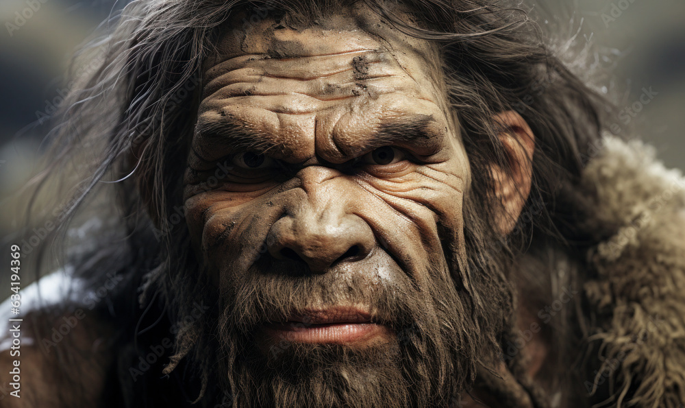 Exploring Prehistory: Neanderthal Caveman in Cave Closeup Portrait ...
