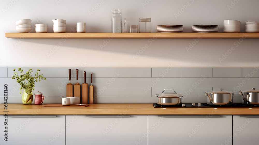 beautiful modern kitchen with cooking items, complete view super bright ...