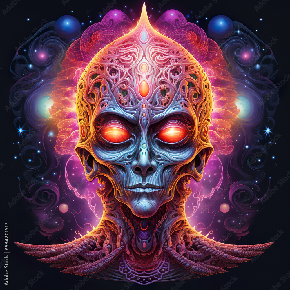 Representation in a logo format of a psychedelic alien extraterrestrial ...