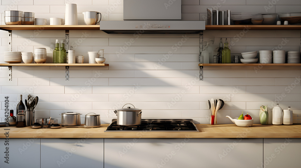 beautiful modern kitchen with cooking items, complete view super bright ...