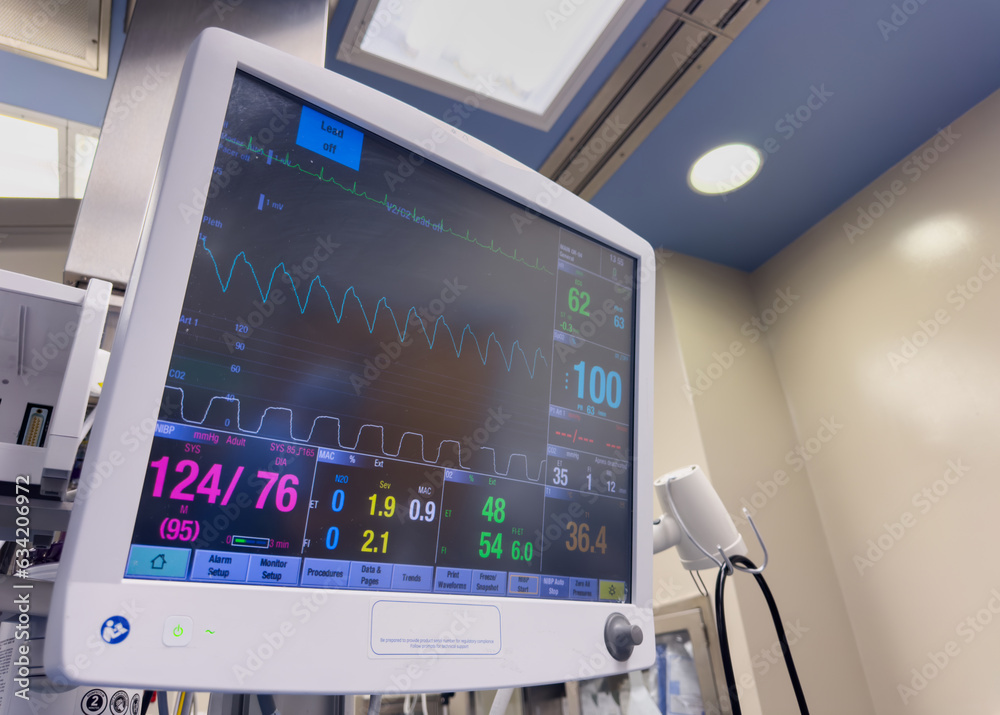 Hospital monitors display vital signs: heart rate, oxygen saturation ...
