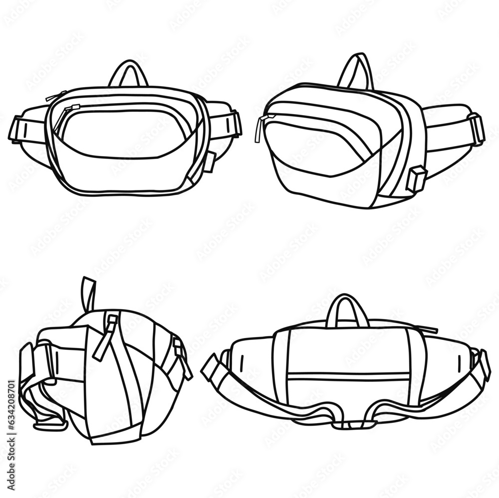 White technical sketch of waist bag vector template, front, back and ...
