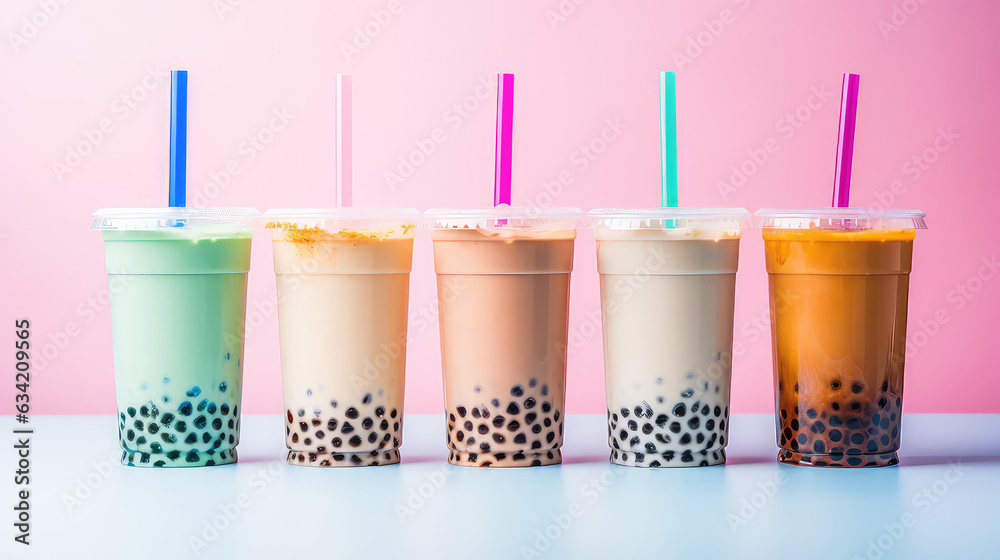 Commercial photography, variety of bobba bubble milk tea in transparent ...