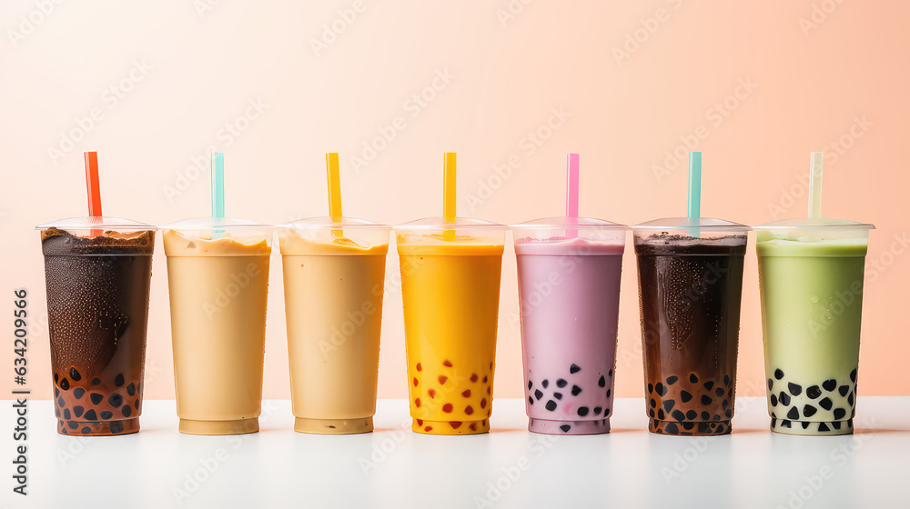Commercial photography, variety of bobba bubble milk tea in transparent ...