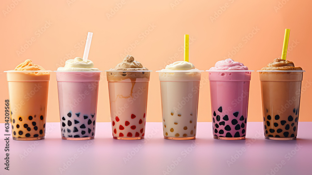 Commercial photography, variety of bobba bubble milk tea in transparent ...