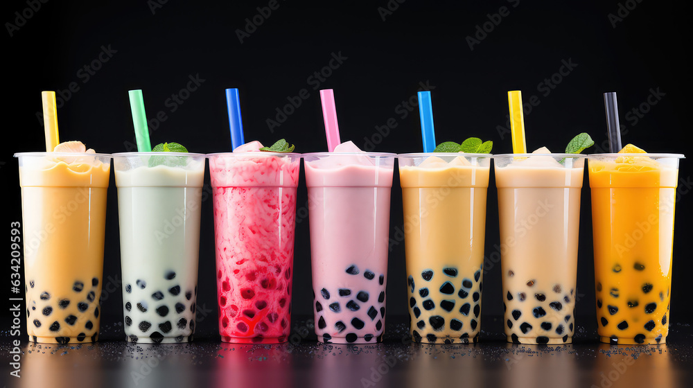 Commercial photography, variety of bobba bubble milk tea in transparent ...