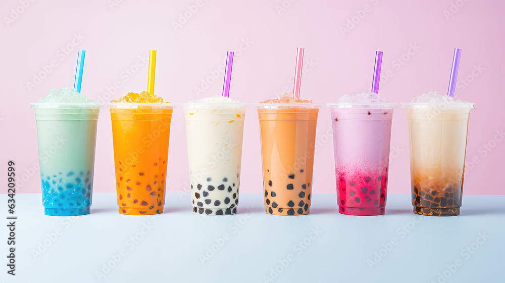 Commercial photography, variety of bobba bubble milk tea in transparent ...