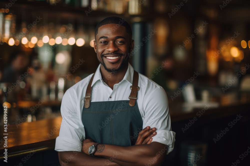 Young male african american bartender working in a cafe bar in the city ...