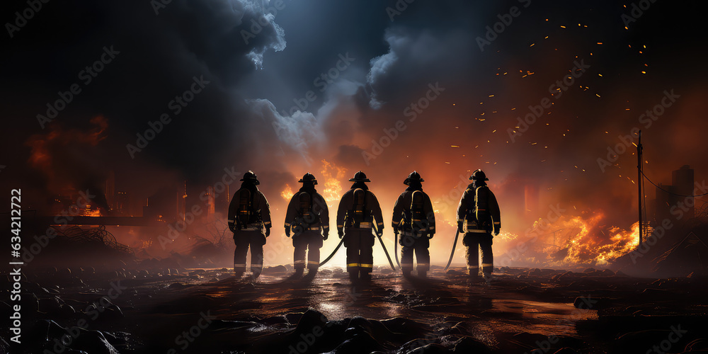 Panoramic firefighters using water fire extinguisher to fighting with ...