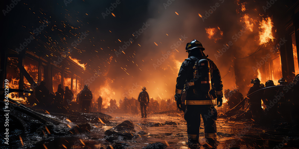 Panoramic firefighters using water fire extinguisher to fighting with ...