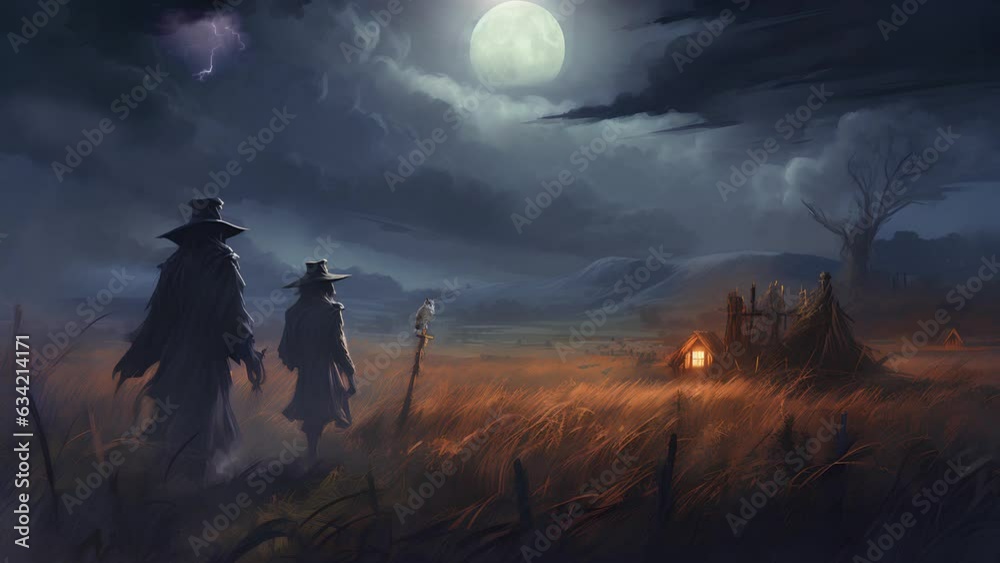 scary evil witch walking midnight in wheat field under full moon. owls ...
