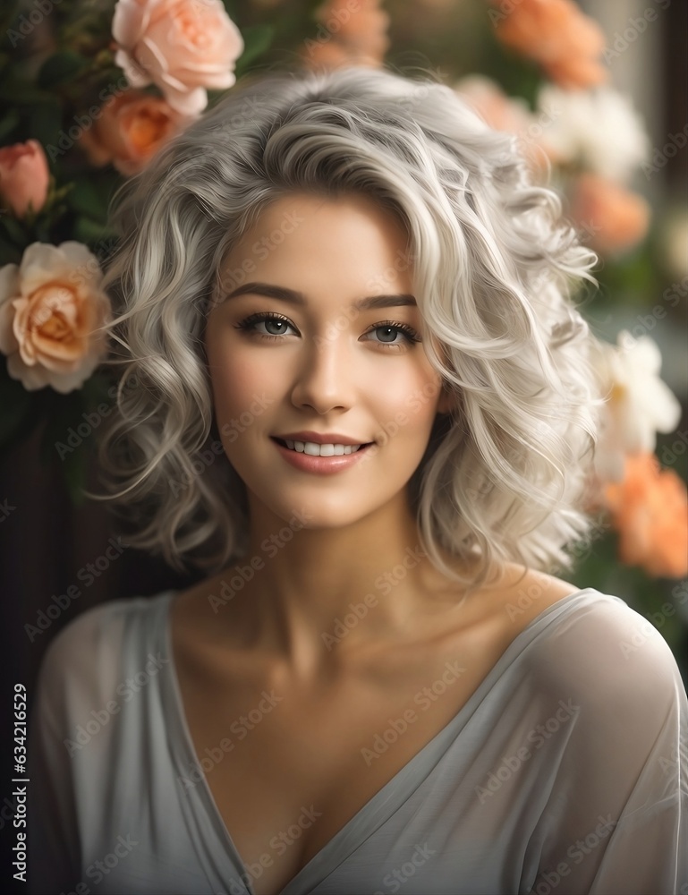 Beautiful photorealistic 27 year old silver-haired woman with messy ...