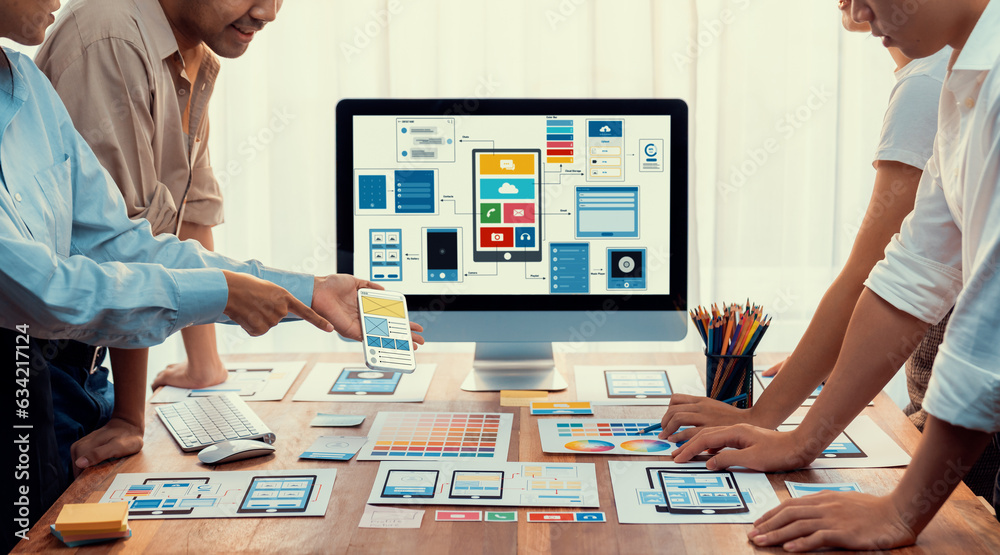 Panorama shot of front-end developer team brainstorming UI and UX ...