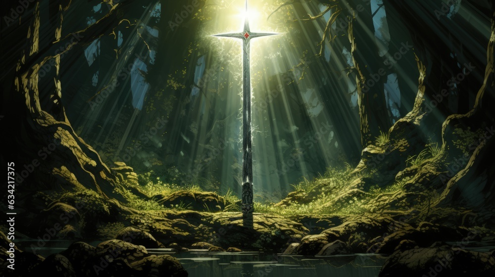 Excalibur Sword In The Stone With Light Rays In a Dark Forest ...