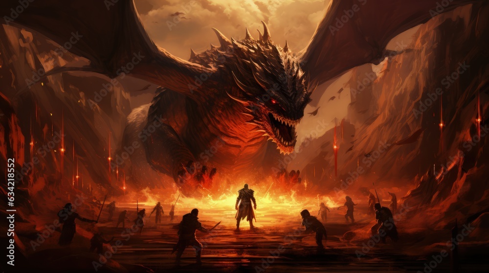 An epic fantasy illustration featuring a group of heroes defeating a ...