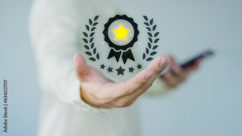 Assessment quality assurance of business services. Man hand showing the best quality assurance ...