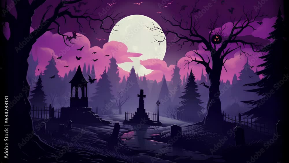 horror atmosphere scene in a spooky old cemetery. Animated looping ...