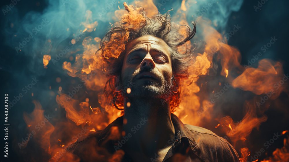 Human head on fire. Mental health concept with a human whole head ...
