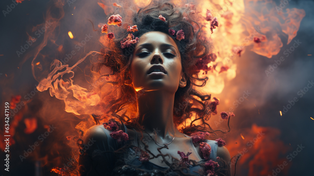 Human head on fire. Mental health concept with a human whole head ...