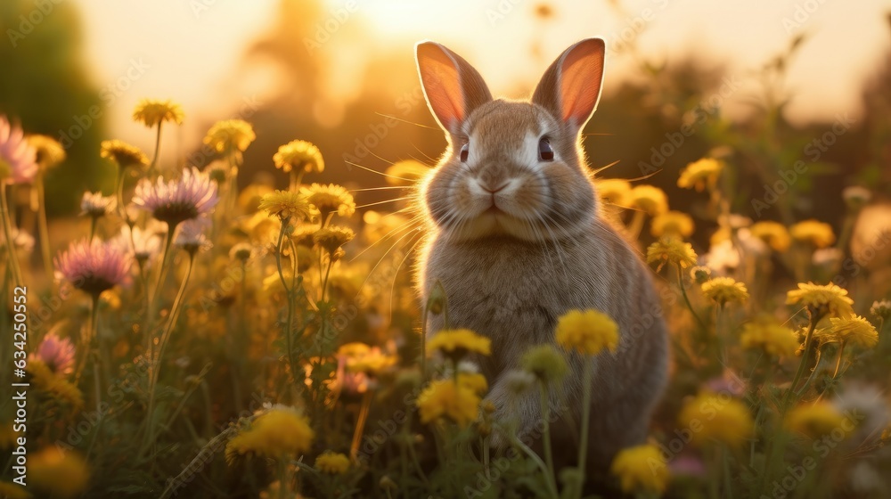 pet rabbit hopping through a field of wildflowers, carrying a daisy ...
