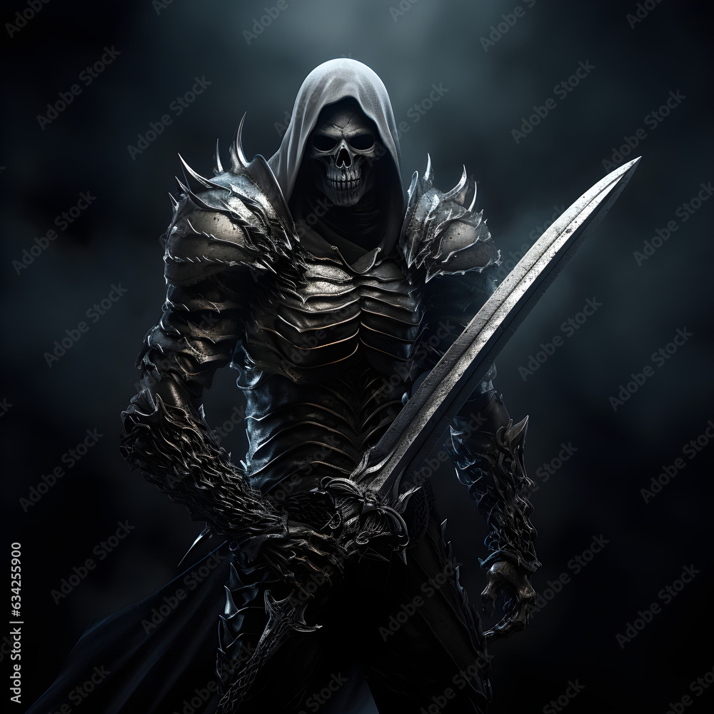 High contrast black and grey skeleton warrior holding on sword Stock ...