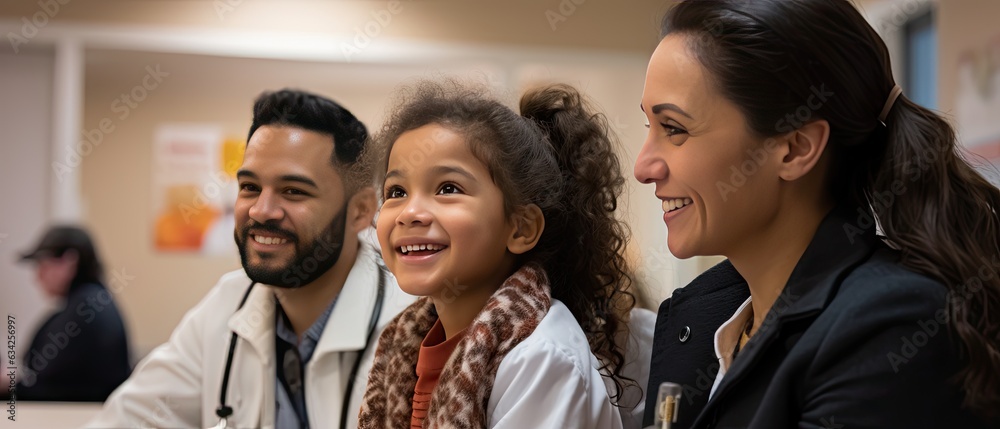 Parents and their kids in doctor office waiting rooms checking in at ...