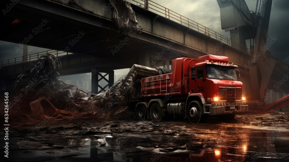 A garbage truck dumping out the trash. Garbage truck at work. Dump ...