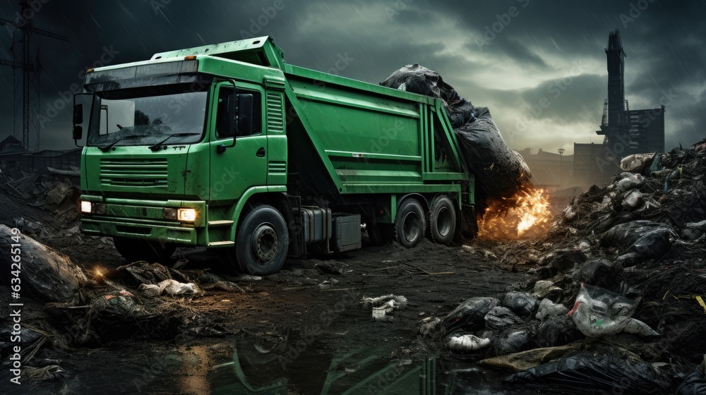 A garbage truck dumping out the trash. Garbage truck at work. Dump ...