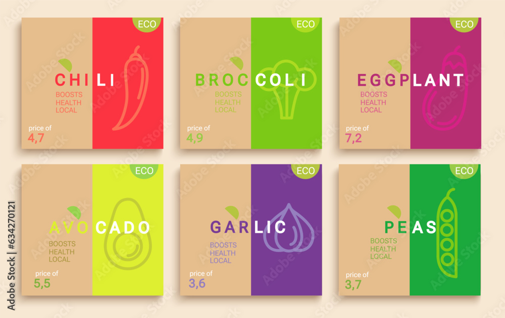 Set of bicolor vegetables cards.Chili,broccoli,eggplant, garlic, peas ...