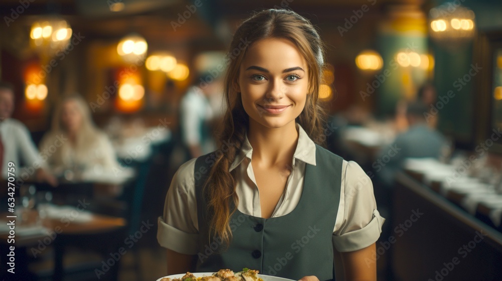 Graceful Service: Beautiful Young Smiling Waitress Carrying Plates of ...