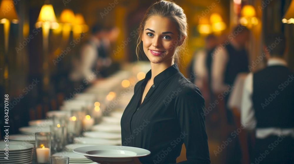 Graceful Service: Beautiful Young Smiling Waitress Carrying Plates of ...