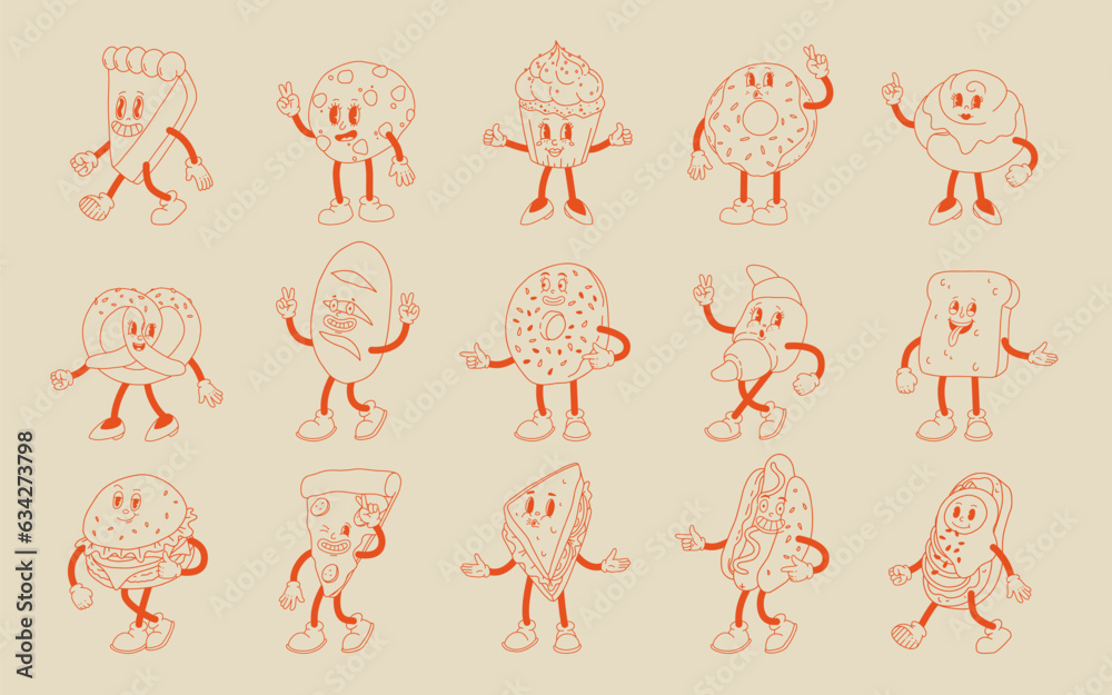 Vector cartoon retro mascot of different bread, desserts, cookies ...
