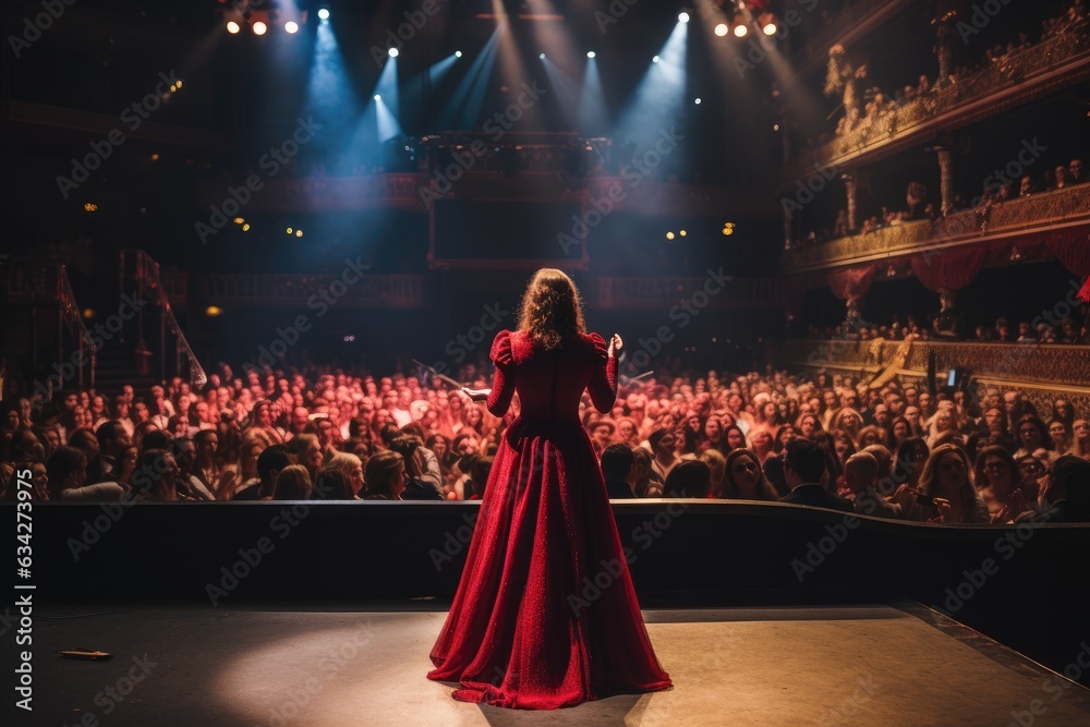 Female singer in red dress standing in front of audience at concert ...