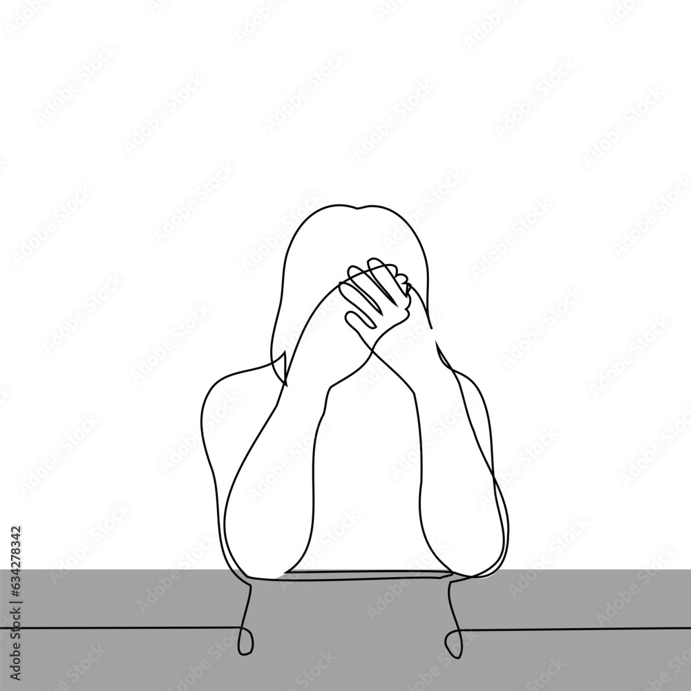 woman crying uncontrollably at the table - one line art vector. the ...