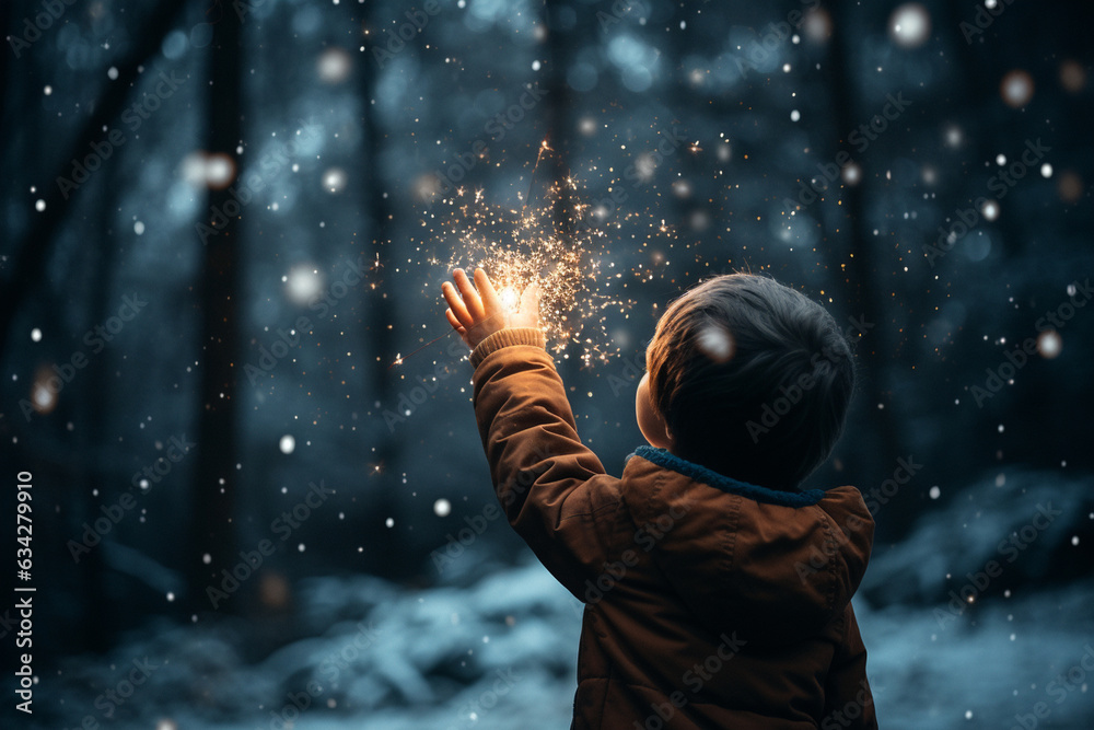 child's hand reaching out to catch falling snowflakes, capturing the ...