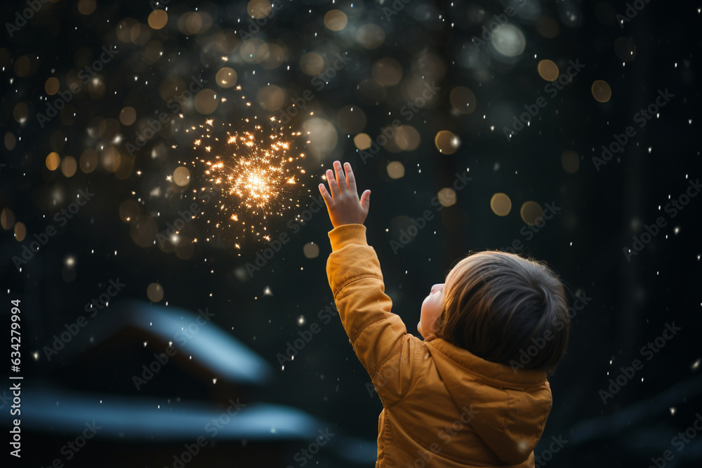 child's hand reaching out to catch falling snowflakes, capturing the ...