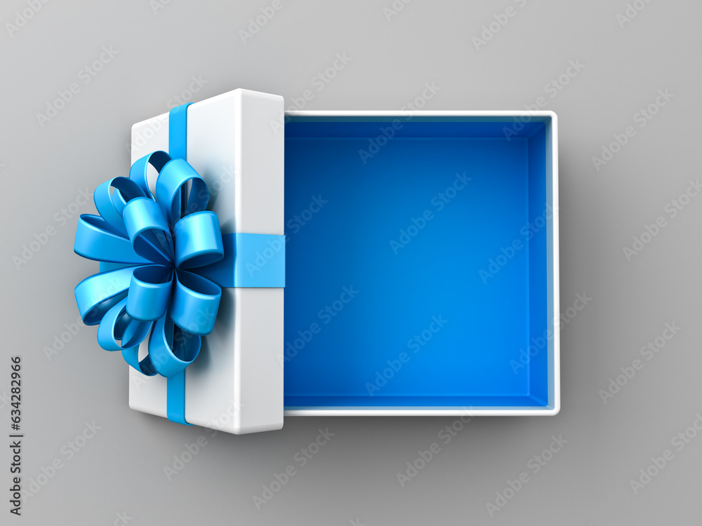 Blank open white gift box with blue bottom inside or top view of opened ...