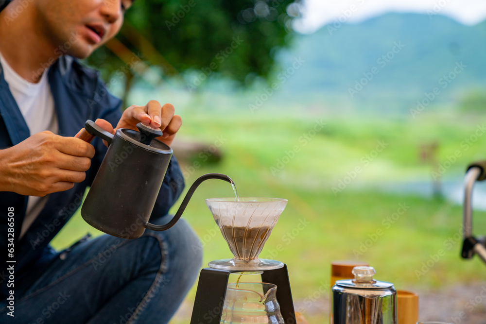 Group of Asian Man and woman friends having breakfast and making brewed ...