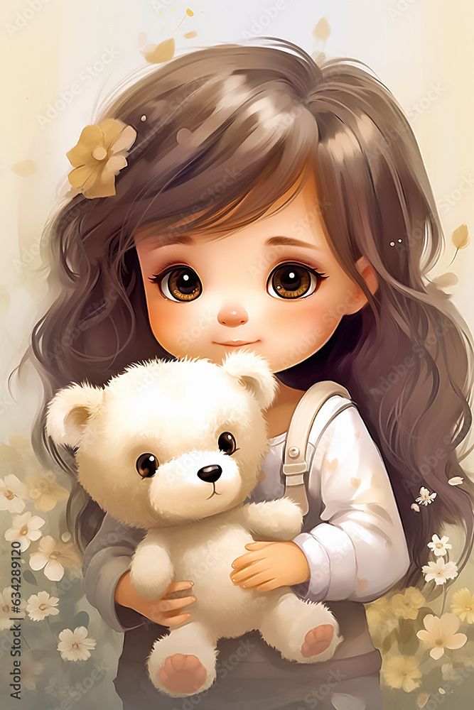 Cartoon illustration of a cute little girl with a teddy bear ...