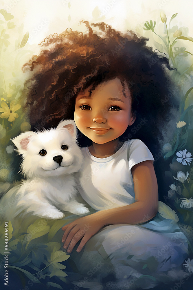 Stylized portrait of cute little african american girl with her dog ...