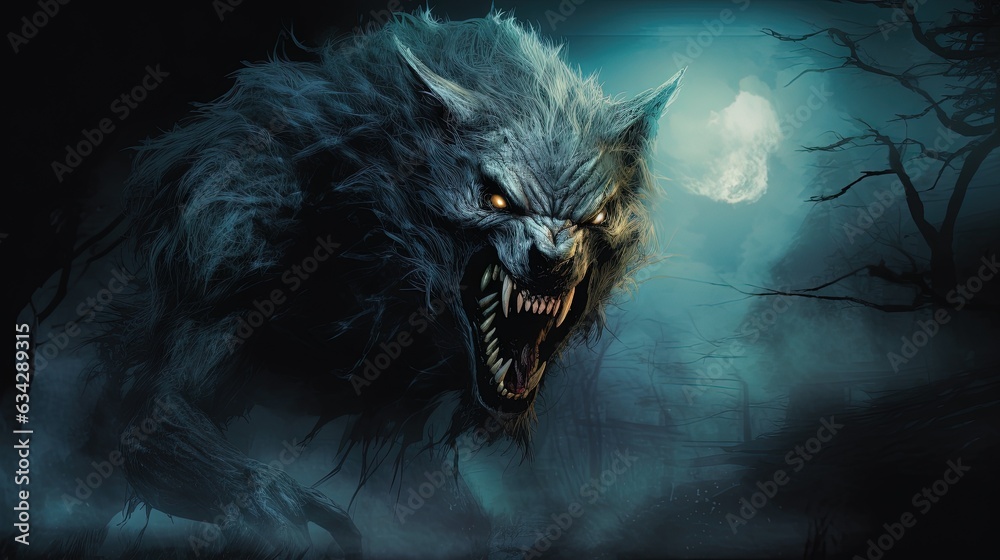 a scary wolf with glowing eyes in the dark forest with a full moon in ...