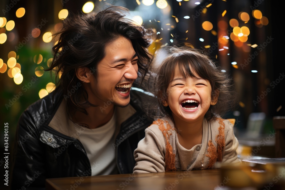 Handsome laughing dad playing and carrying his young daughter. created ...