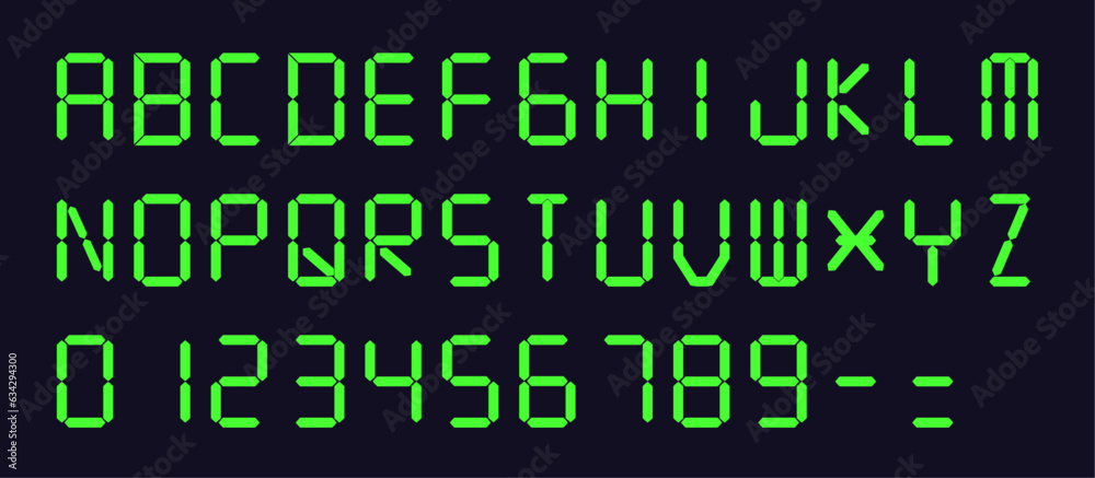 Vector Green Digital Display Font with Alarm Clock Letters, Electronic ...