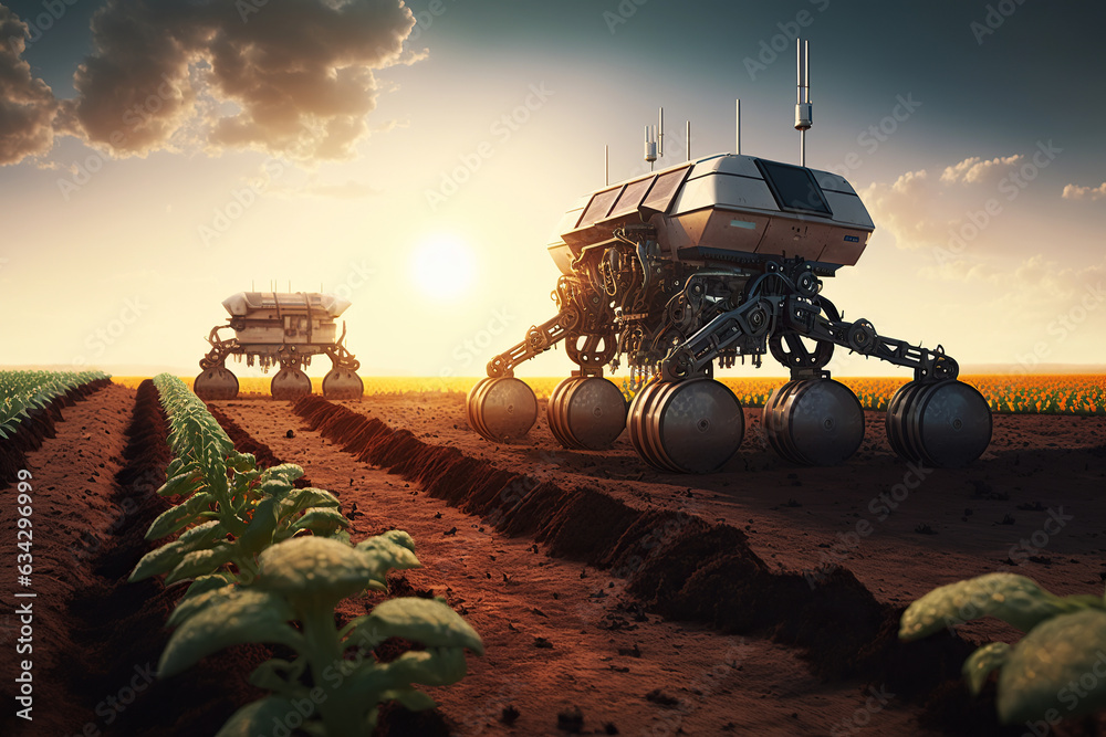 ai generated illustrution Autonomous robot working in the field. Smart ...