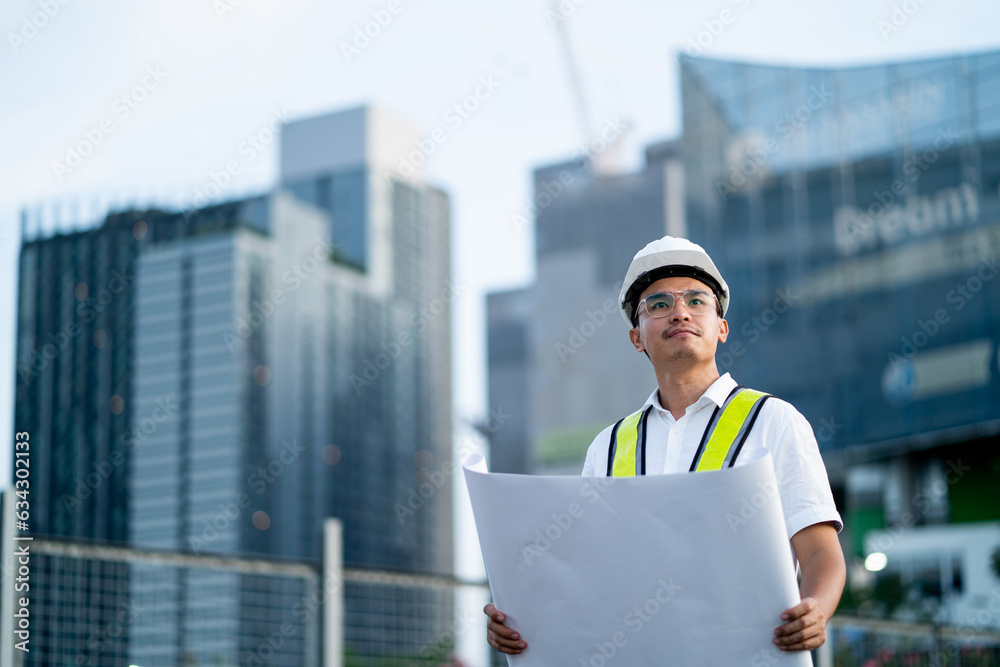Asian male engineer holding blueprint and planning project Construction ...