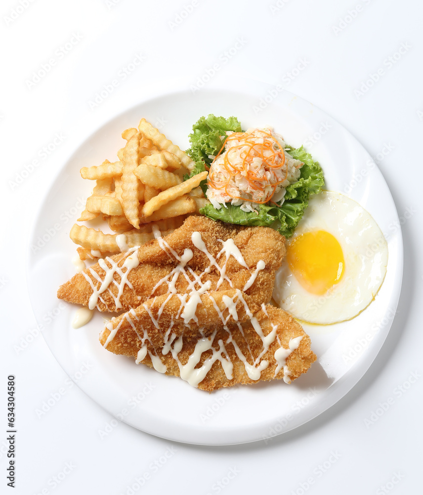 deep fried golden crispy fish fillet and chips with fried egg, French ...