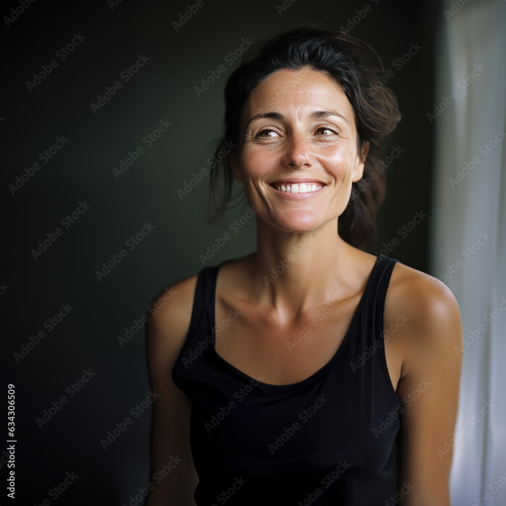 femme brune cheveux mi-long, souriante, en robe légère noire, regard ...