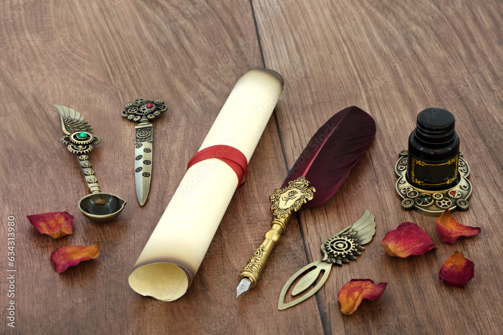 Parchment paper scroll with old feather quill pen, retro brass writing ...