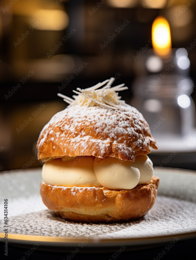 Cream puff on the dining table,created with generative ai tecnology ...