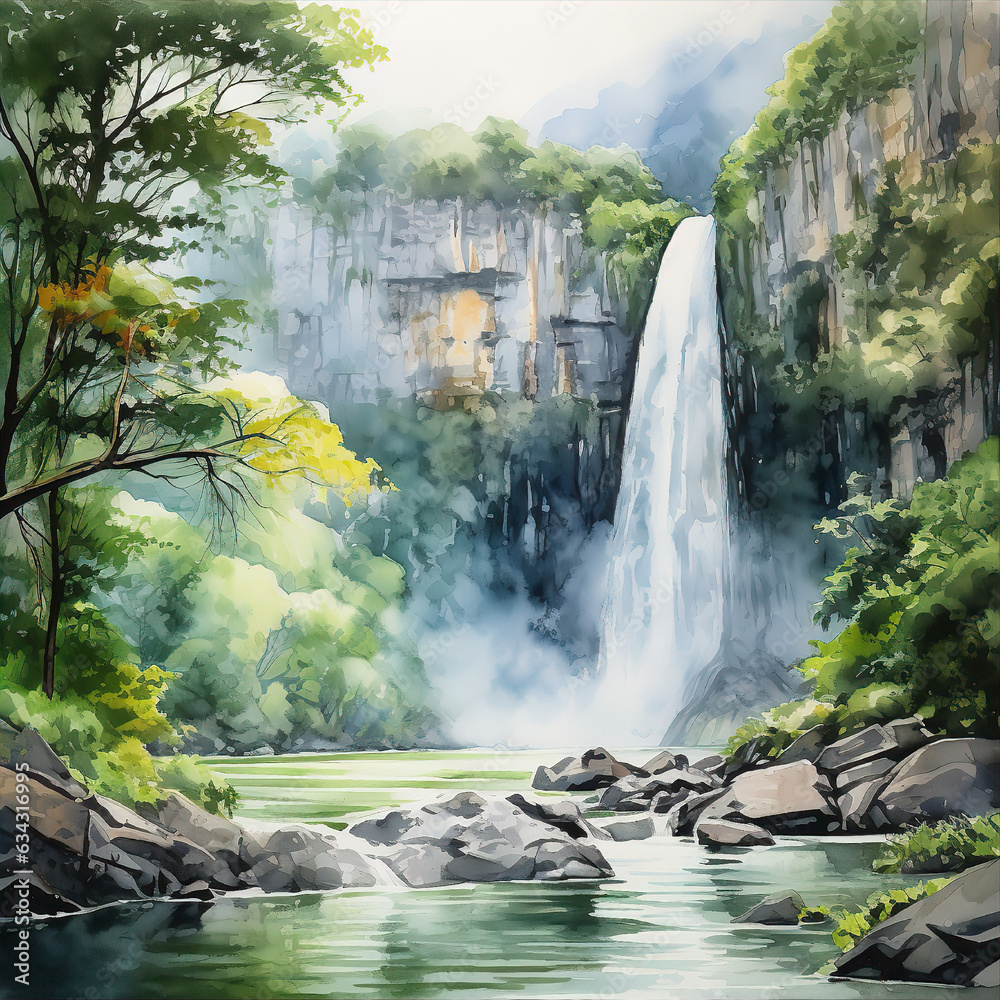 A watercolor painting of a cascading mountain waterfall. Artist: Emily ...